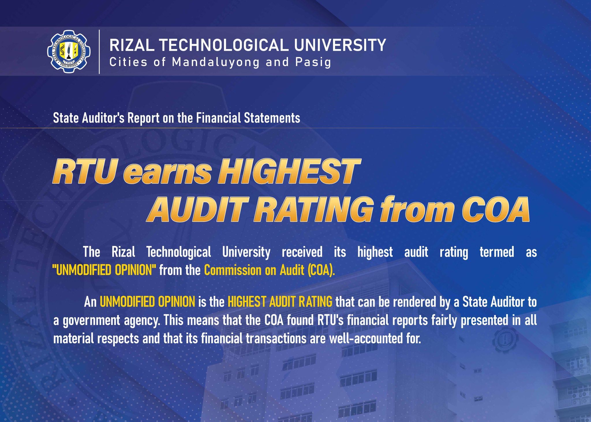 RTU Earns Highest Audit Rating From COA – Rizal Technological University